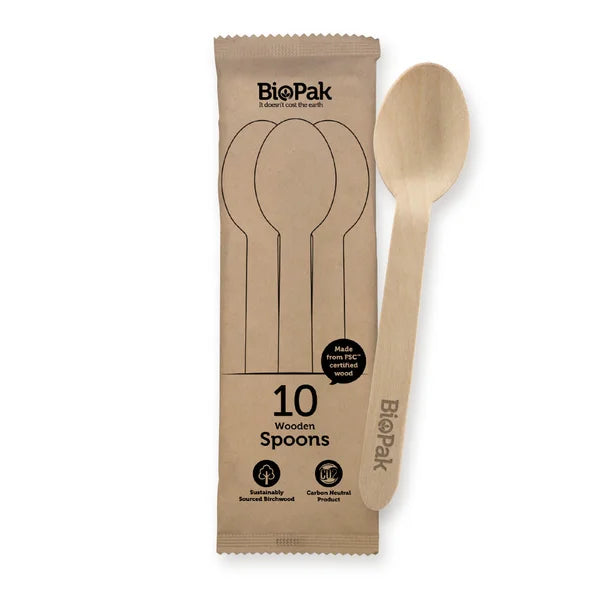 BioPak 10 Pack 16cm Wooden Spoon In Paper Sleeves – Paper Lane Packaging NZ